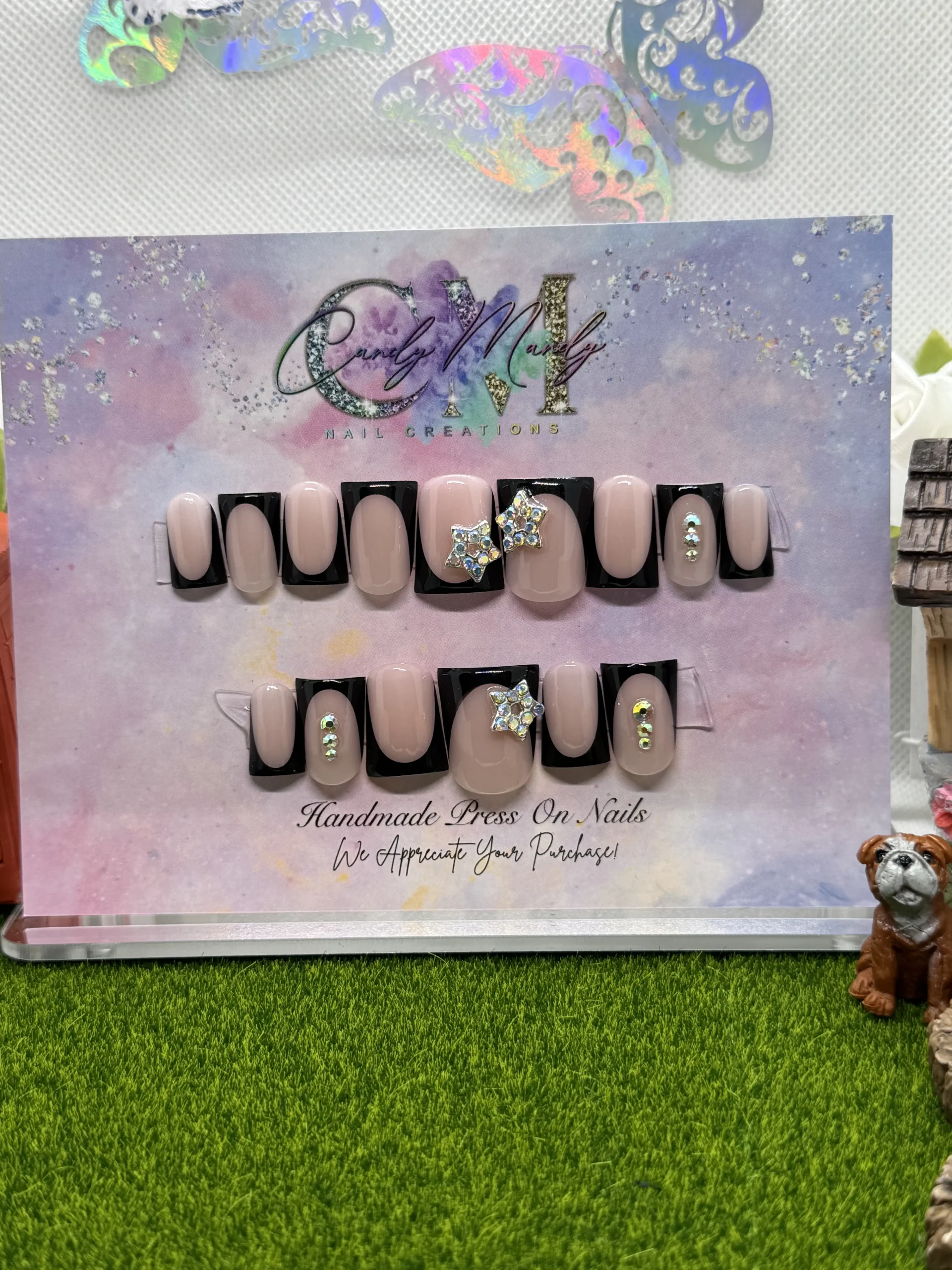 Black French Tip & Star Charm Press-On Nail Set – Short Duckies Shape ...